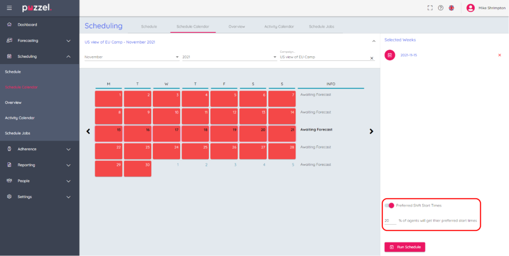 Setting percentage of agents to be scheduled at their preferred start times | Puzzel Help Centre